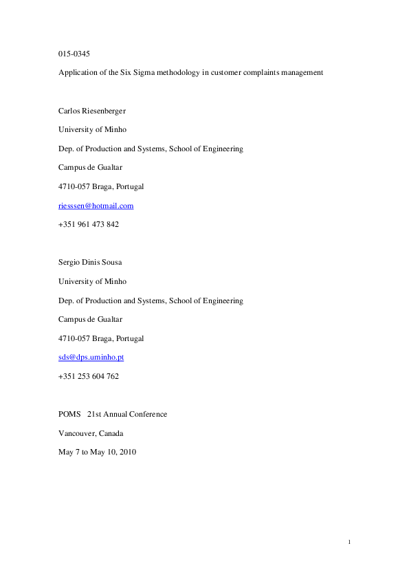 (PDF) Application of the Six Sigma methodology in customer complaints management: A case study ...