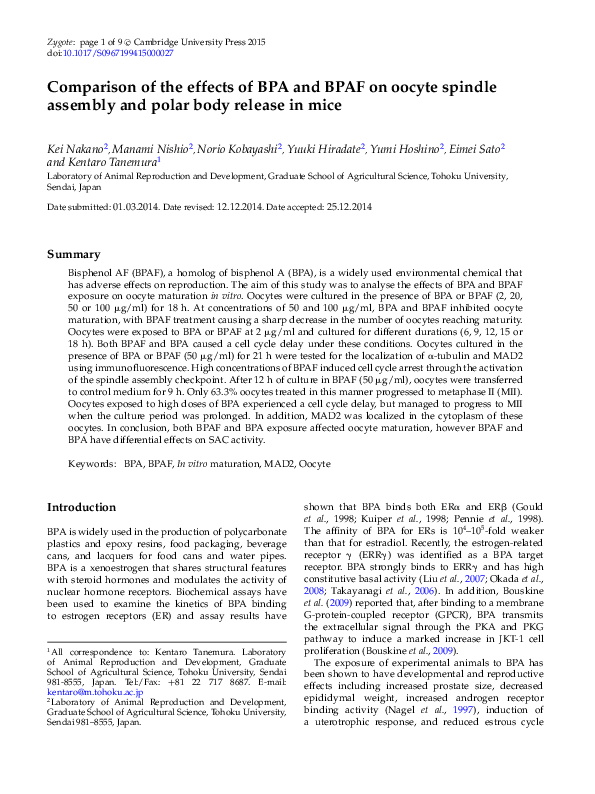 (PDF) Comparison of the effects of BPA and BPAF on oocyte spindle ...