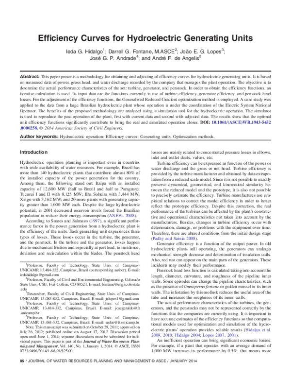 (PDF) Efficiency Curves for Hydroelectric Generating Units