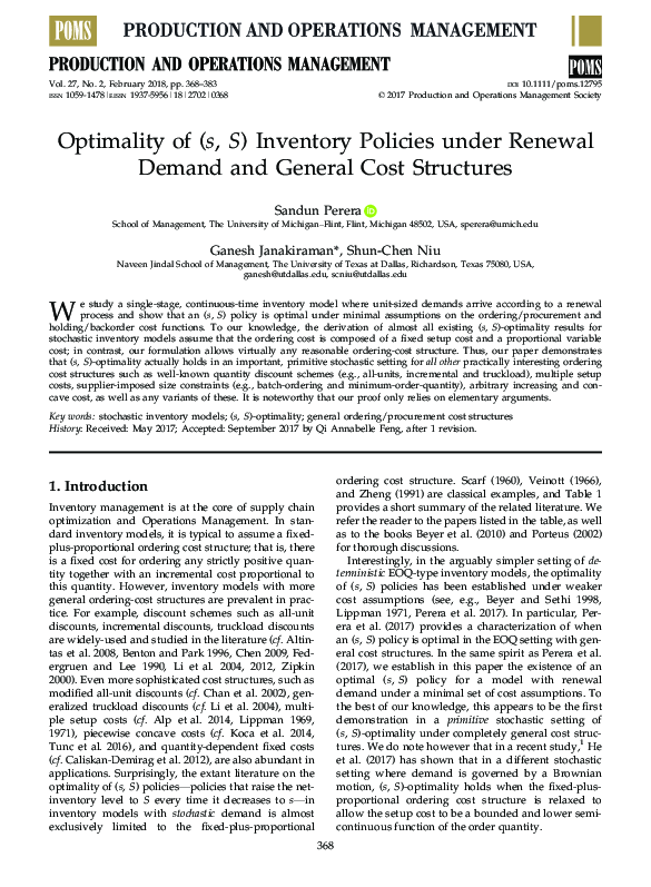 (PDF) Optimality of (s, S) Inventory Policies under Renewal Demand and ...