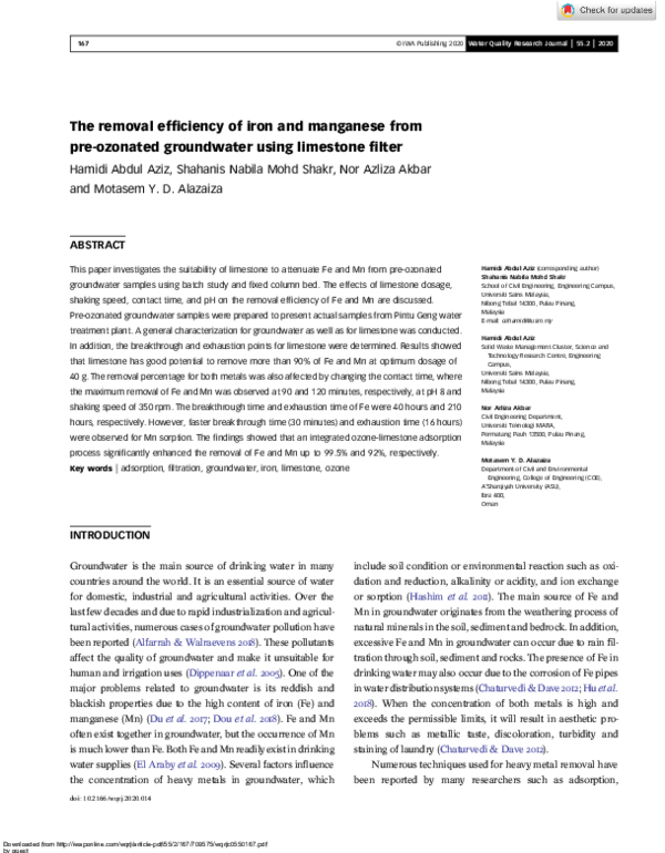 (PDF) The removal efficiency of iron and manganese from pre-ozonated ...
