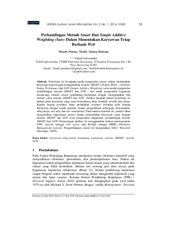 (PDF) Perbandingan Metode Smart dan Simple Additive Weighting (SAW) dalam Menentukan Karyawan ...