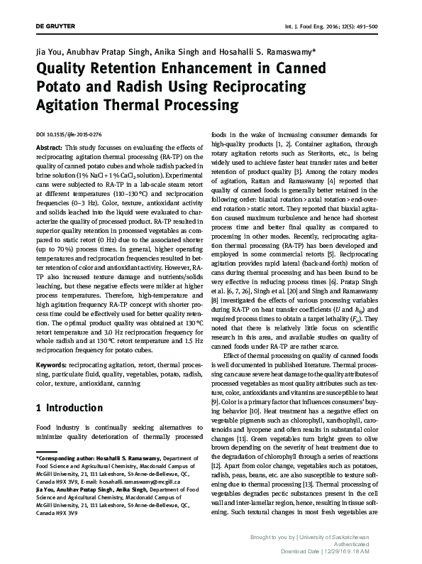 (PDF) Quality Retention Enhancement in Canned Potato and Radish Using ...