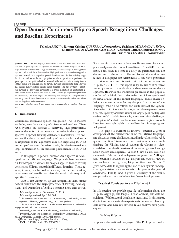 (PDF) Open Domain Continuous Filipino Speech Recognition: Challenges and Baseline Experiments
