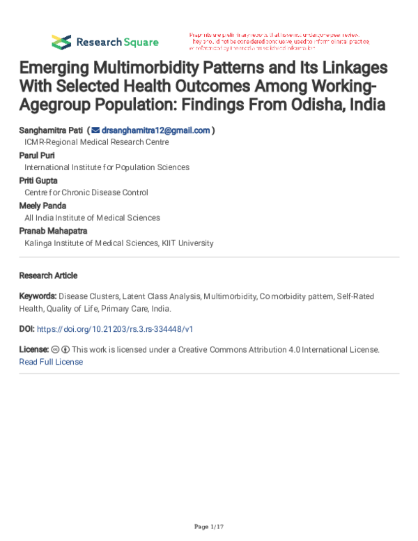 (PDF) Emerging Multimorbidity Patterns and Its Linkages With Selected Health Outcomes Among ...