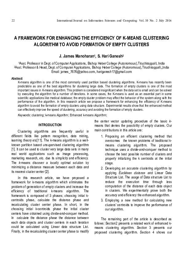 Pdf A Framework For Enhancing The Efficiency Of K Means Clustering Algorithm To Avoid