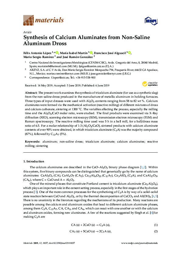 (PDF) Synthesis of Calcium Aluminates from Non-Saline Aluminum Dross