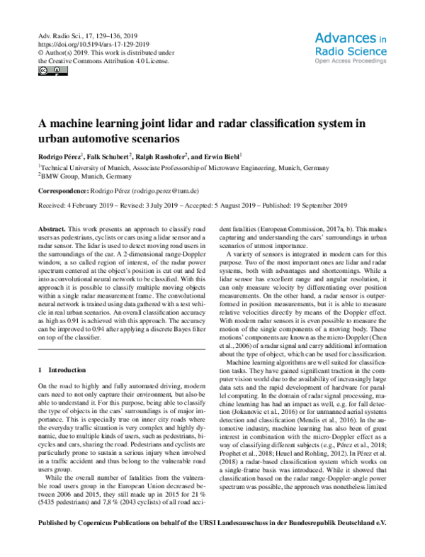 (PDF) A machine learning joint lidar and radar classification system in urban automotive ...