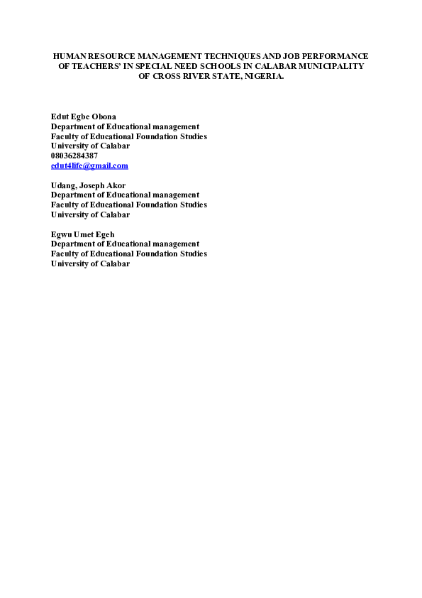 (DOC) human resource management techniques and Job performance of teachers' in special need ...