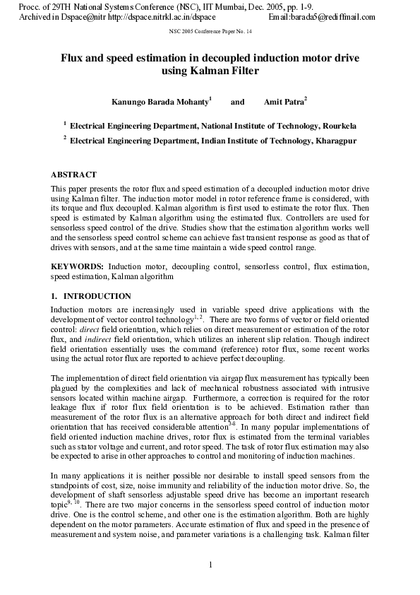 Pdf Flux And Speed Estimation In Decoupled Induction Motor Drive Using Kalman Filter
