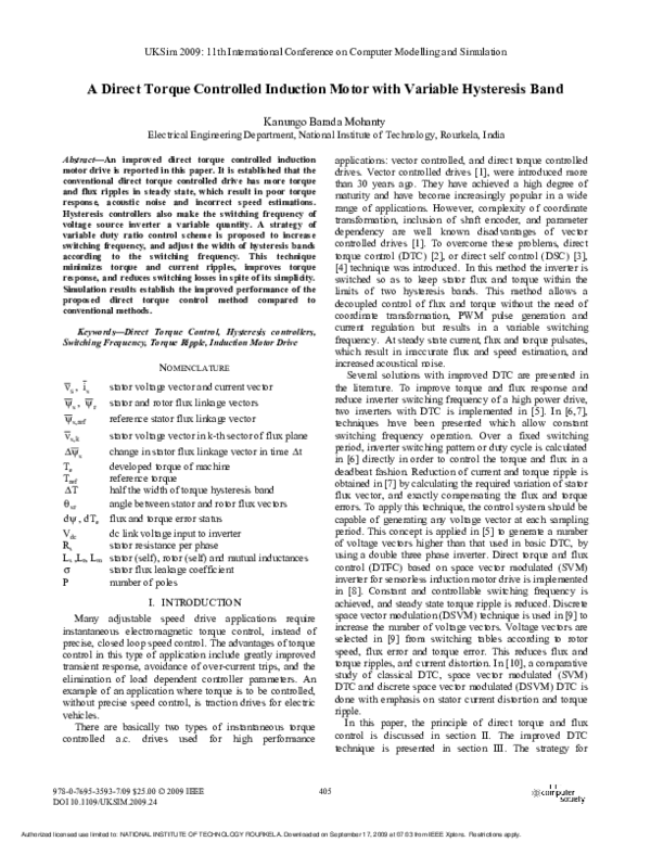 Pdf A Direct Torque Controlled Induction Motor With Variable Hysteresis Band