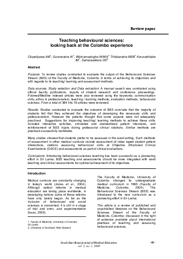 (PDF) Teaching behavioural sciences: looking back at the Colombo experience