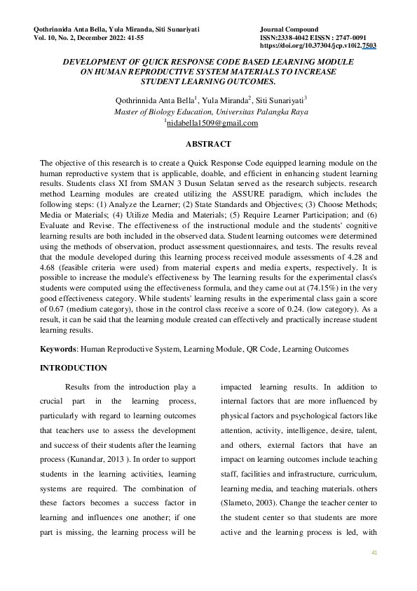 (PDF) Development of Quick Response Code Based Learning Module on Human Reproductive System ...