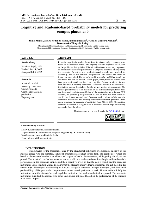 (PDF) Cognitive and academic-based probability models for predicting campus placements