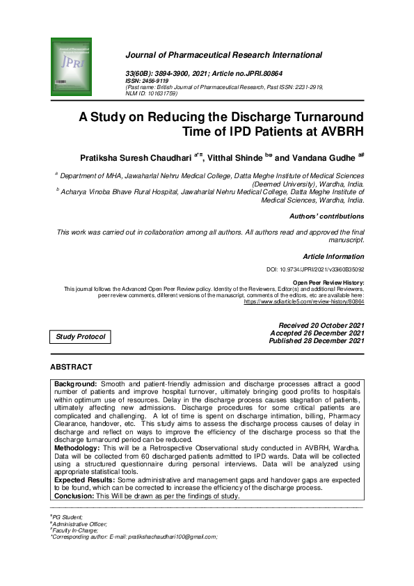 (PDF) A Study on Reducing the Discharge Turnaround Time of IPD Patients at AVBRH