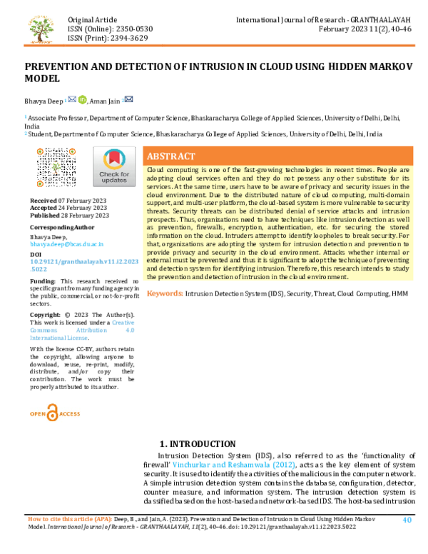 (PDF) Prevention and Detection of Intrusion in Cloud Using Hidden Markov Model