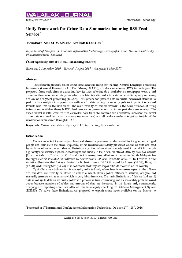 (PDF) Unify Framework for Crime Data Summarization using RSS Feed Service