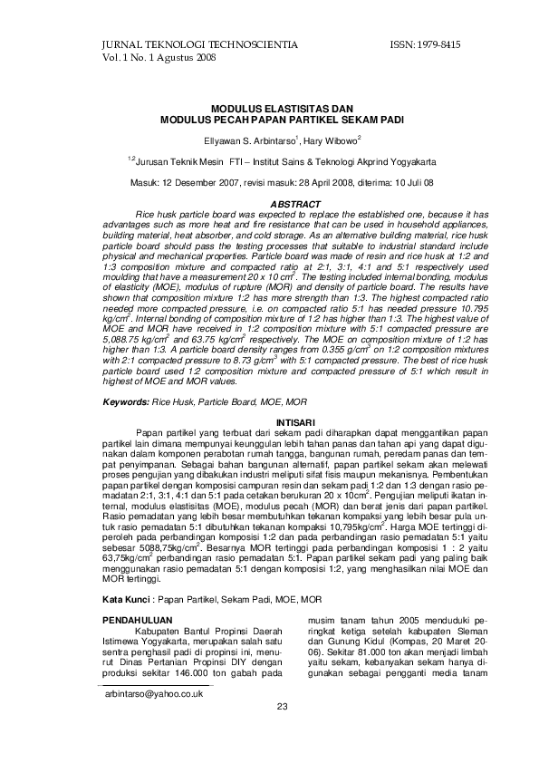 (PDF) MODULUS ELASTISITAS DAN MODULUS PECAH PAPAN PARTIKEL SEKAM PADI
