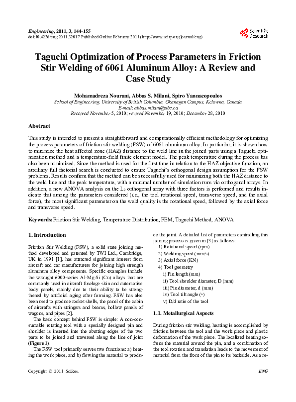 (PDF) Taguchi Optimization of Process Parameters in Friction Stir Spot Welding of AA5754 and ...