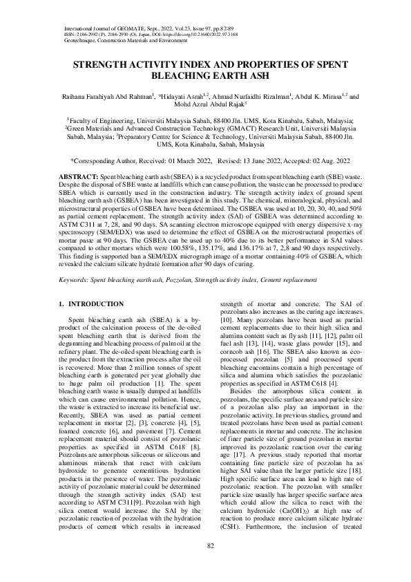 (PDF) Strength Activity Index and Properties of Spent Bleaching Earth Ash