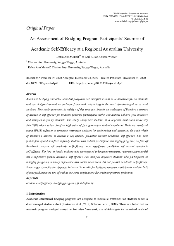 (PDF) An Assessment of Bridging Program Participants’ Sources of Academic Self-Efficacy at a ...