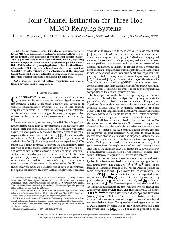 (PDF) Joint Channel Estimation for Three-Hop MIMO Relaying Systems
