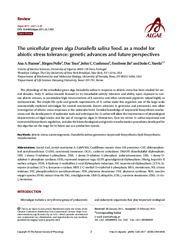 (PDF) The unicellular green alga Dunaliella salina Teod. as a model for ...