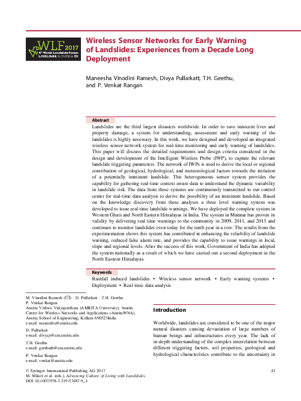 (PDF) Wireless Sensor Networks for Early Warning of Landslides: Experiences from a Decade Long ...