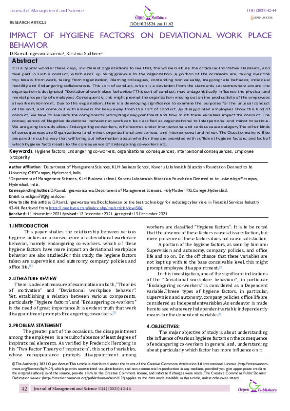 (PDF) Impact of hygiene factors on deviational work place behavior