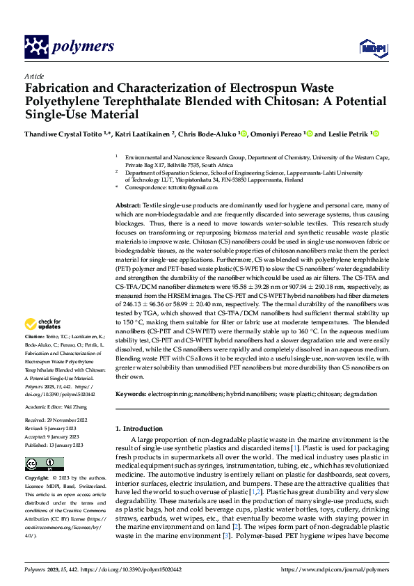 (PDF) Fabrication and Characterization of Electrospun Waste Polyethylene Terephthalate Blended ...