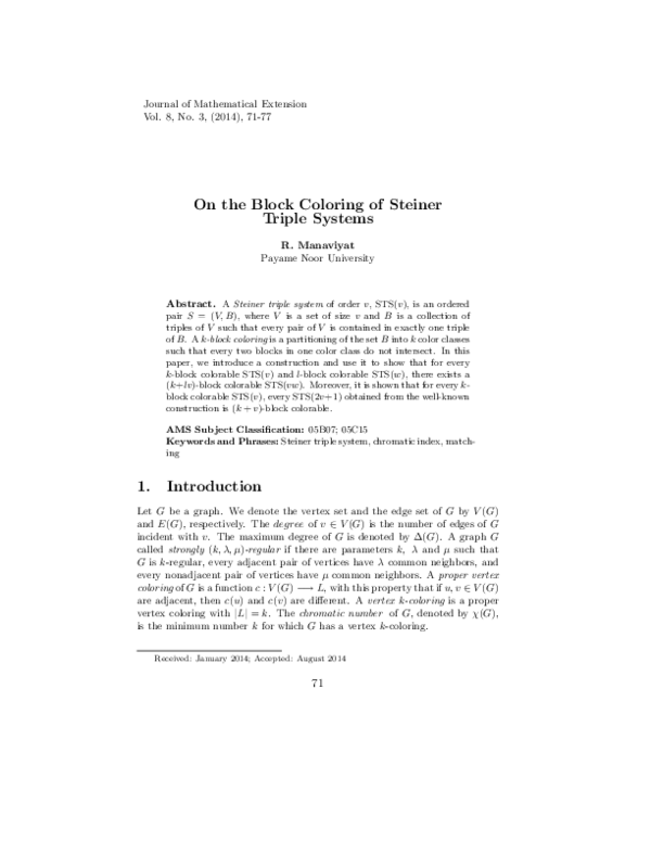 (PDF) On the Block Coloring of Steiner Triple Systems