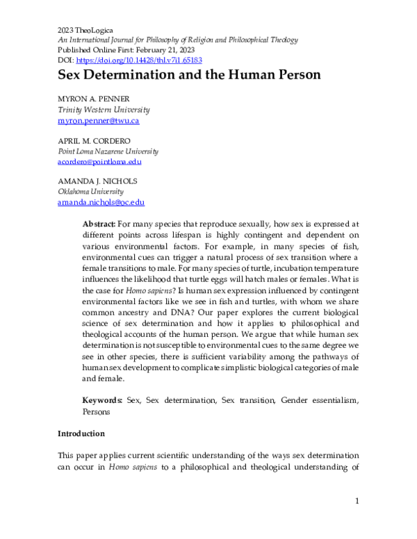 Pdf Sex Determination And The Human Person