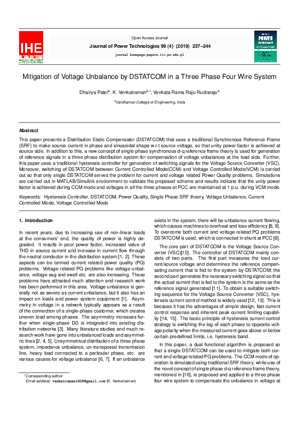 Pdf Mitigation Of Voltage Unbalance By Dstatcom In A Three Phase Four