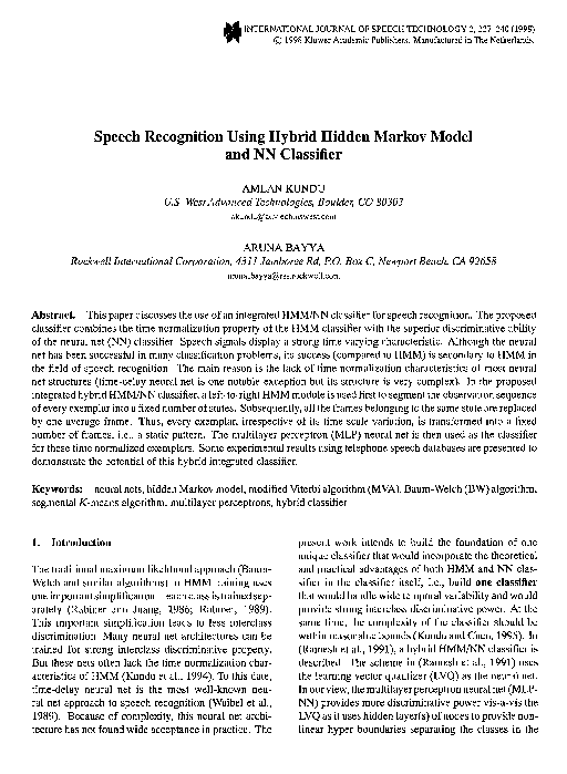 Pdf Speech Recognition Using Hybrid Hidden Markov Model And Nn Classifier