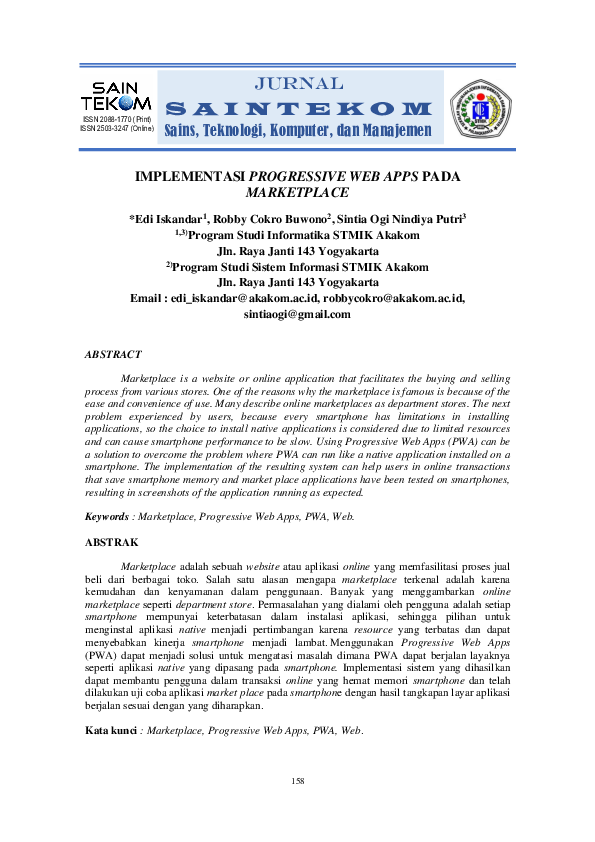 (PDF) Implementasi Progressive Web Apps Pada Marketplace | Edi Iskandar ...