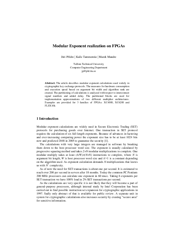 (PDF) Modular exponent realization on FPGAs