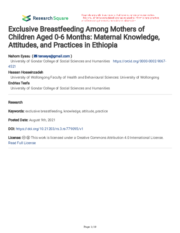 (PDF) Exclusive Breastfeeding Among Mothers of Children Aged 0-6 Months: Maternal Knowledge ...