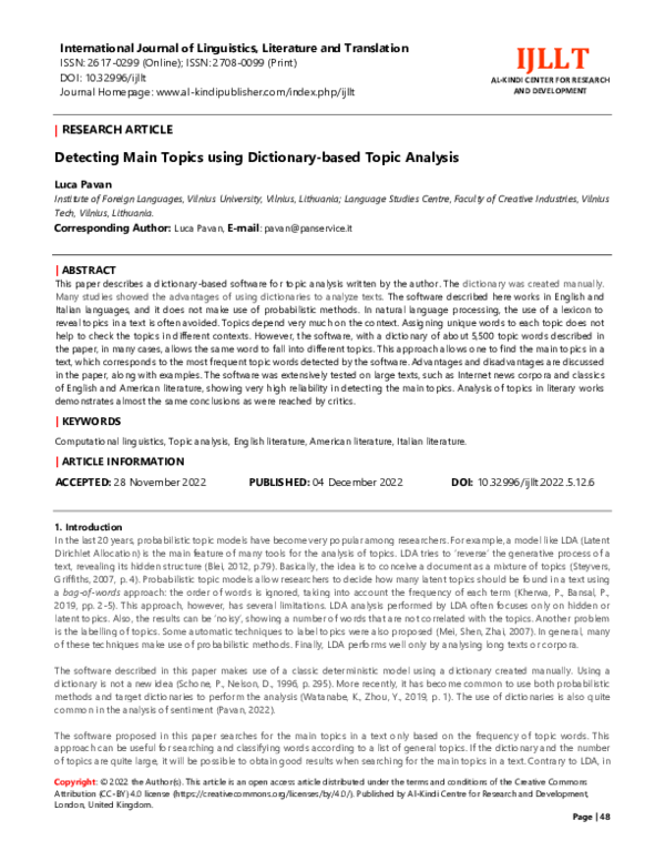 (PDF) Detecting Main Topics using Dictionary-based Topic Analysis