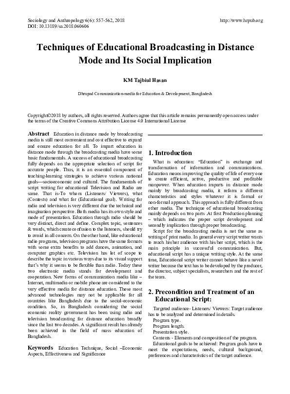 (PDF) Techniques of Educational Broadcasting in Distance Mode and Its Social Implication