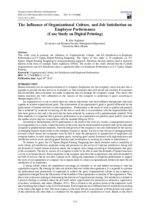 (PDF) The Influence of Organizational Culture, and Job Satisfaction on ...