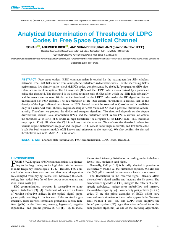 (PDF) Analytical Determination of Thresholds of LDPC Codes in Free ...