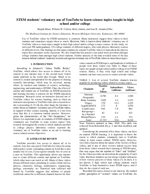 (PDF) STEM Students’ Voluntary Use of YouTube to Learn Science Topics ...