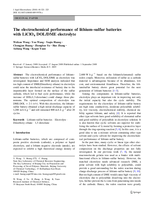 (PDF) The electrochemical performance of lithium–sulfur batteries with ...