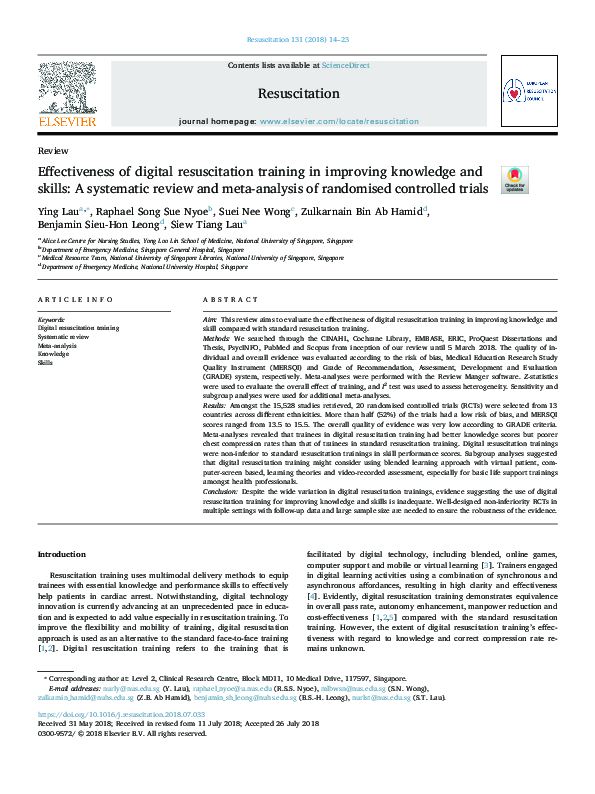 Pdf Effectiveness Of Digital Resuscitation Training In Improving Knowledge And Skills A
