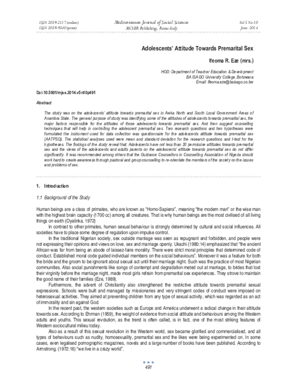 Pdf Adolescents Attitude Towards Premarital Sex