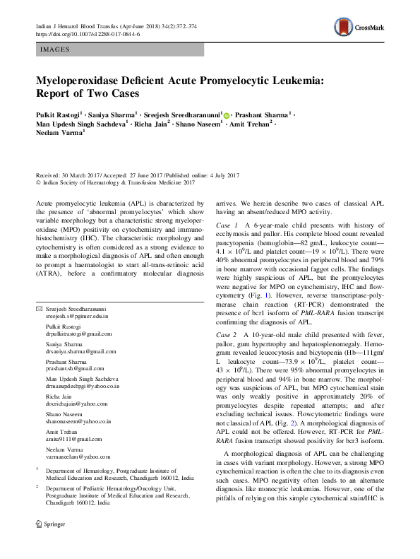 (PDF) Myeloperoxidase Deficient Acute Promyelocytic Leukemia: Report of ...