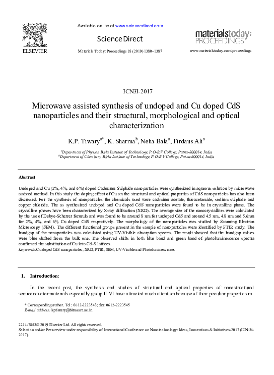 (PDF) Microwave assisted synthesis of undoped and Cu doped CdS nanoparticles and their ...