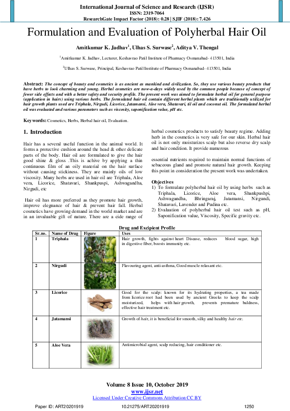 (PDF) Formulation and Evaluation of Poly Herbal Hair Oil
