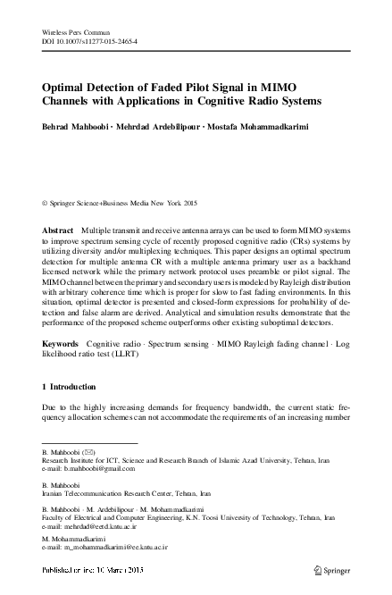 (PDF) Optimal Detection of Faded Pilot Signal in MIMO Channels with Applications in Cognitive ...