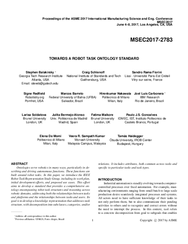 Pdf Towards A Robot Task Ontology Standard Fatima Maikore